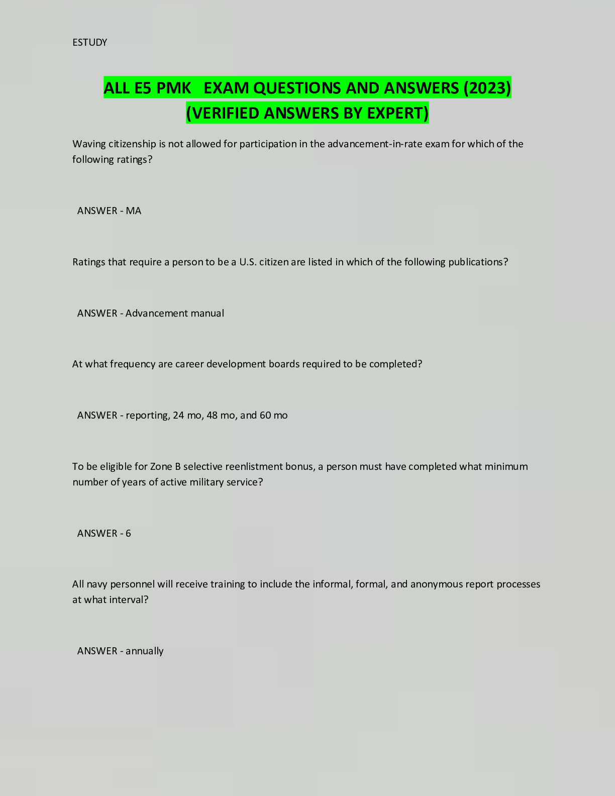 ALL E5 PMK EXAM QUESTIONS AND ANSWERS (2023) (VERIFIED ANSWERS BY ...